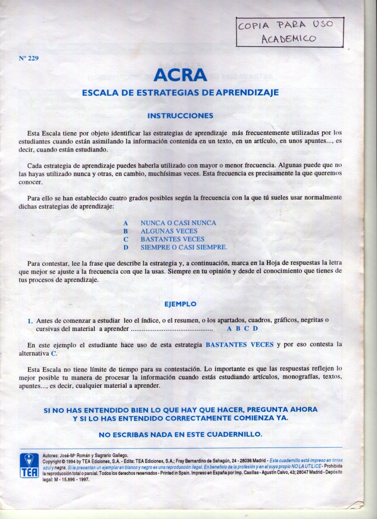 ACRA - Escala de Estrategias de Aprendizaje :: Aprendizaje y Memoria